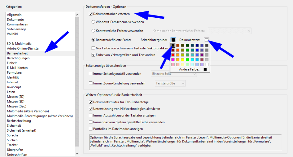 Hintergrundfarbe und Textfarbe in Adobe Acrobat Reader ändern